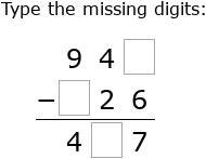 IXL | Subtraction up to three digits: fill in the missing digits | Foundations 1 math