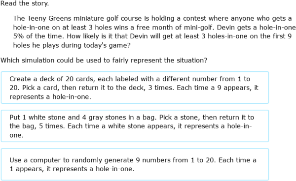 IXL - Which simulation represents the situation? (Statistics practice)