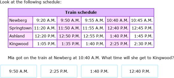 IXL | Transportation schedules | Foundations 2 math