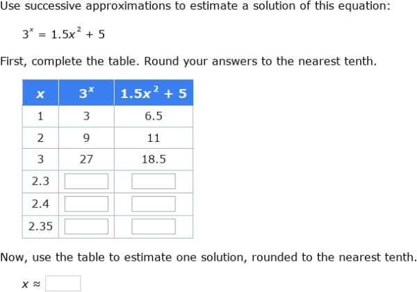 IXL - Approximate solutions using a table (Advanced algebra practice)