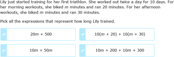 IXL | Identify equivalent linear expressions: word problems | Intermediate 2 math